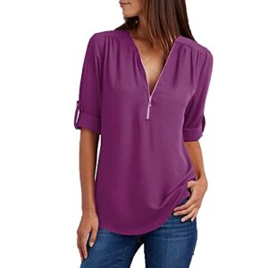 crop workout tops for women summer business casual tops half sleeve zipper v neck tunic shirts solid work office t-shirt blouse