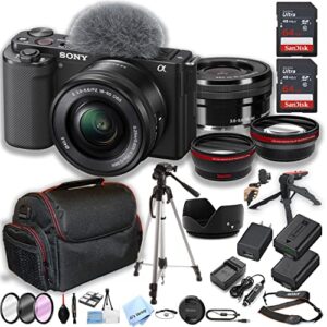 sony zv-e10 mirrorless camera with 16-50mm lens 2pcs 64gb memory + case+ tripod + steady grip pod + filters + macro + 2x lens + 2x batteries + more (34pc bundle) (renewed)