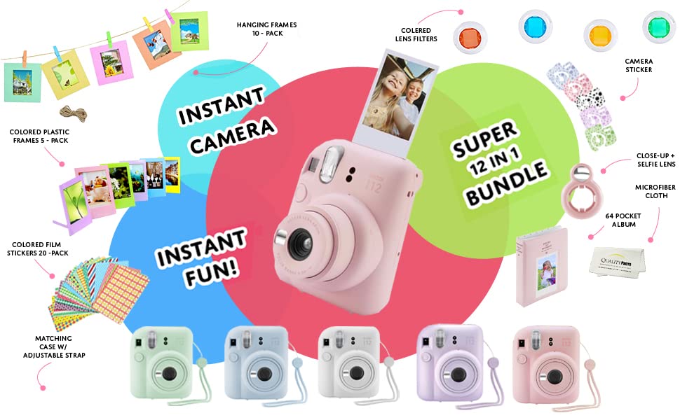 Fujifilm Instax Mini 12 Instant Camera with Case, 60 Fujifilm Prints, Decoration Stickers, Frames, Photo Album and More Accessories (Blossom Pink)