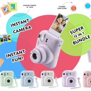 Fujifilm Instax Mini 12 Instant Camera with Case, 20 Fujifilm Prints, Decoration Stickers, Frames, Photo Album and More Accessories (Lilac Purple)