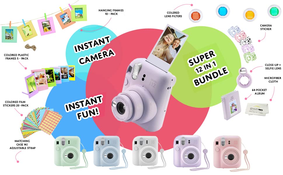 Fujifilm Instax Mini 12 Instant Camera with Case, 20 Fujifilm Prints, Decoration Stickers, Frames, Photo Album and More Accessories (Lilac Purple)