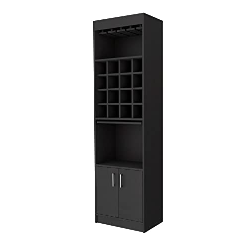 FM FURNITURE Myers Bar Cabinet with Glass Rack, 16 Wine Racks, 2 Shelves, 2 Cabinets, Black