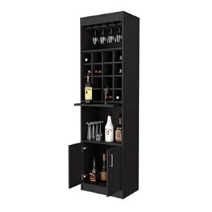 FM FURNITURE Myers Bar Cabinet with Glass Rack, 16 Wine Racks, 2 Shelves, 2 Cabinets, Black