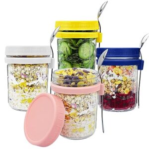 overnight oats containers, 16 oz overnight oats glass jars with lids and spoon, 4pack airtight overnight oats cup wide mouth mason jars for yogurt,cereal,milk,salad,chia pudding