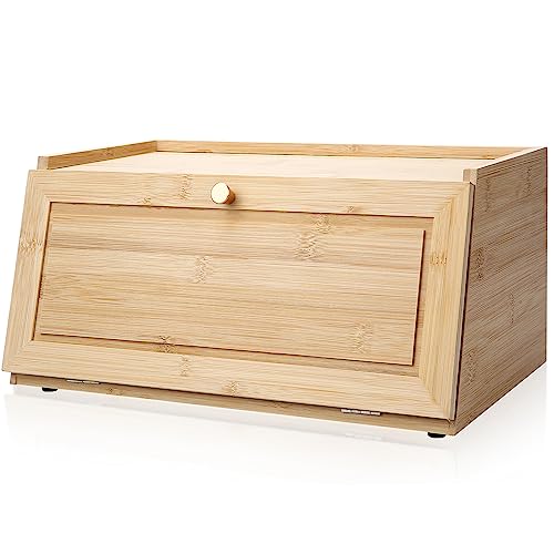 Upgraded Bamboo Bread Box, No Assembly Required Bread Box for Kitchen Counter, All In One Piece Bread Storage with Air Vents, Large Capacity Bread Storage Container, Bread Storage Organizer Holder