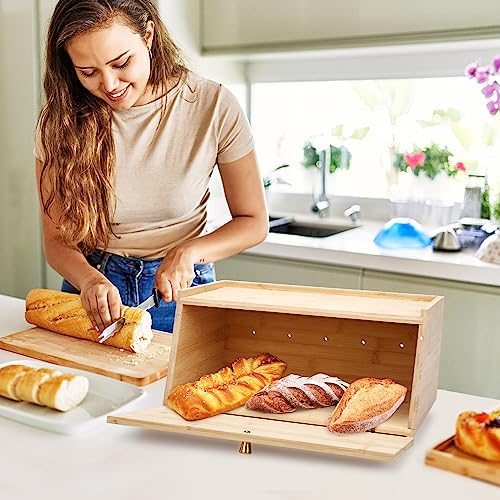 Upgraded Bamboo Bread Box, No Assembly Required Bread Box for Kitchen Counter, All In One Piece Bread Storage with Air Vents, Large Capacity Bread Storage Container, Bread Storage Organizer Holder