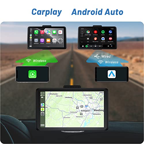 7 Inch Wireless Apple Carplay & Android Auto, AotuLink Portable Car Stereo, HD Touch Screen with Mirror Link, Multimedia Player, Bluetooth, AUX/FM, Dash or Windshield Mount Support Most Car Models