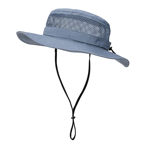 JANGOUL Men Outdoor Mesh Sun Hat Wide Brim Sun Protection Hat Fishing Hiking Hat (Blue, 7 1/4)