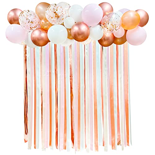 Rose Gold Party Decorations Blush Pink Ribbon Fabric Dusty Pink Fringe Hanging Curtain Streamer Balloon Garland Backdrop for Bridal Shower Wedding Bachelorette Birthday Baby Shower Engagement Party