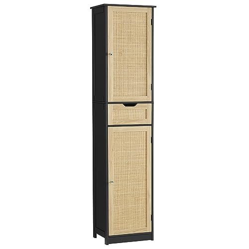 Iwell Tall Bathroom Cabinet with Doors, Rattan Storage Cabinet with Adjustable Shelves, Freestanding Narrow Linen Cabinet for Living Room, Entryway, Kitchen, Home Office, Black