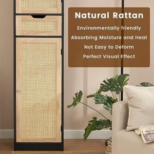 Iwell Tall Bathroom Cabinet with Doors, Rattan Storage Cabinet with Adjustable Shelves, Freestanding Narrow Linen Cabinet for Living Room, Entryway, Kitchen, Home Office, Black