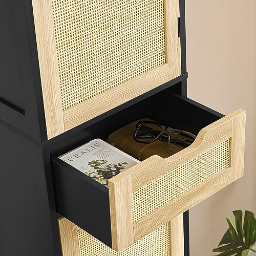 Iwell Tall Bathroom Cabinet with Doors, Rattan Storage Cabinet with Adjustable Shelves, Freestanding Narrow Linen Cabinet for Living Room, Entryway, Kitchen, Home Office, Black