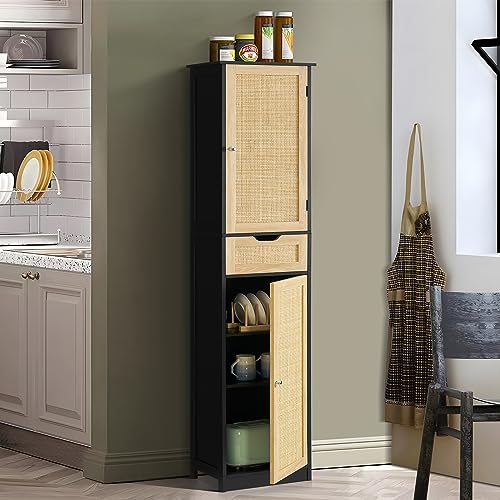 Iwell Tall Bathroom Cabinet with Doors, Rattan Storage Cabinet with Adjustable Shelves, Freestanding Narrow Linen Cabinet for Living Room, Entryway, Kitchen, Home Office, Black