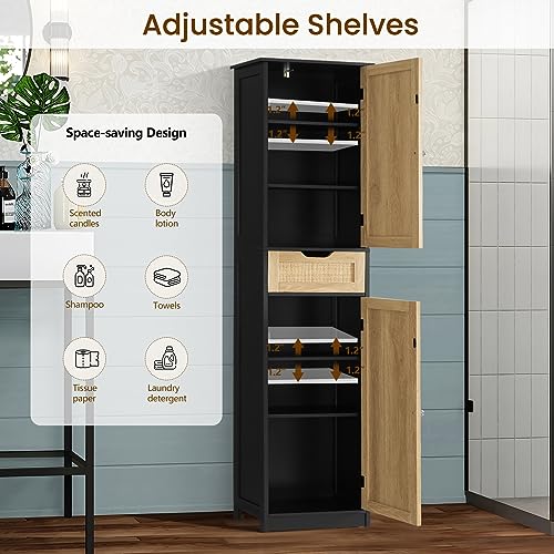 Iwell Tall Bathroom Cabinet with Doors, Rattan Storage Cabinet with Adjustable Shelves, Freestanding Narrow Linen Cabinet for Living Room, Entryway, Kitchen, Home Office, Black