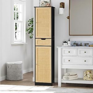 Iwell Tall Bathroom Cabinet with Doors, Rattan Storage Cabinet with Adjustable Shelves, Freestanding Narrow Linen Cabinet for Living Room, Entryway, Kitchen, Home Office, Black