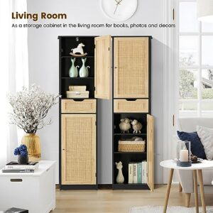 Iwell Tall Bathroom Cabinet with Doors, Rattan Storage Cabinet with Adjustable Shelves, Freestanding Narrow Linen Cabinet for Living Room, Entryway, Kitchen, Home Office, Black