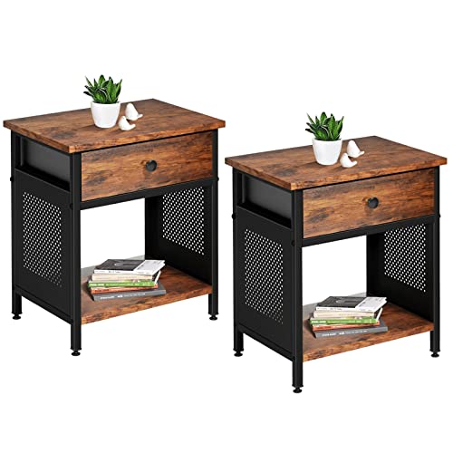 RUNTOP Nightstands Set of 2, Industrial End Table, Side Table with Drawer and Storage Shelf, Night Stands for Bedroom, Living Room, Bedside,Wood Metal Furniture, Easy Assembly, 2 Pack, Rustic Brown