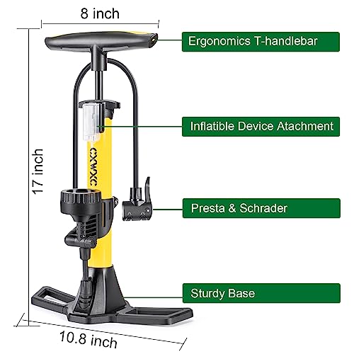 Bike Pump with Pressure Gauge- 160 PSI Bicycle Floor Pump fits Presta & Schrader Valve - Bike Pump with Air Ball Pump Inflator (Yellow)