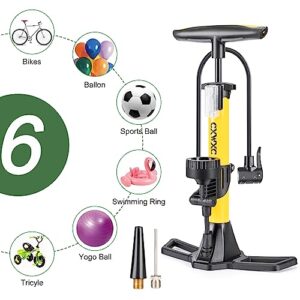 Bike Pump with Pressure Gauge- 160 PSI Bicycle Floor Pump fits Presta & Schrader Valve - Bike Pump with Air Ball Pump Inflator (Yellow)