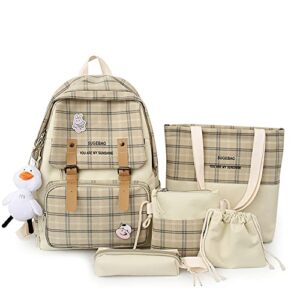 dahuoji 5pcs kawaii backpack set with badge & duck pendant,japanese aesthetic check bookbag for girls cute plaid school bags comes with tote bag,shoulder bag,pencil box,small bag(khaki,16in)