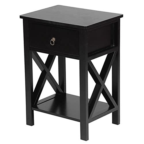 HEPMIMZHU End Table, Side Table, Nightstand, 2-Tier Storage Shelf, Sofa Table with Drawer & Storage Shelf Solid Wood Legs for Small Space, Living Room, Bed Room (Black)