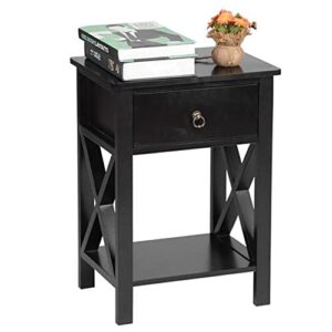 HEPMIMZHU End Table, Side Table, Nightstand, 2-Tier Storage Shelf, Sofa Table with Drawer & Storage Shelf Solid Wood Legs for Small Space, Living Room, Bed Room (Black)