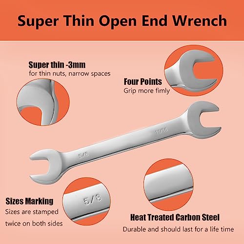 WINTOWIN Super-Thin Open End Wrench Set, 3 Piece SAE Including 3/8", 7/16", 1/2", 9/16", 5/8"，11/16", Slim Wrench Set