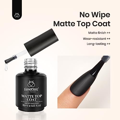 Beetles Matte Gel Top Coat - 15ML No Wipe Matte Top Coat U V Soak Off Nail Lamp Polish Matte Nail Polish Finish and Long Lasting Gift Set for Women Kit