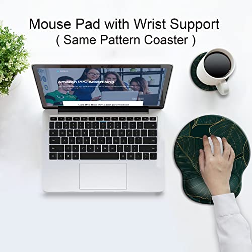 Ergonomic Mouse Pad with Wrist Support Rest,[ 20% Larger] Mousepad Gel Wrist Rest, with Coaster Non-Slip & Pain Relief for Computer, Desk, Home&Office-Leaves 2