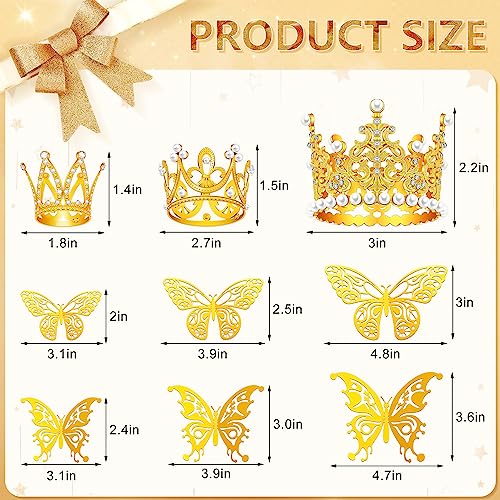 30 Pcs Gold Butterfly Cake Decoration with 6 Pcs Gold Crown Cake Topper, Mini Crowns Small Crown with 3D Butterfly Wall Decors for Coronas Para Flower Bouquets Decor for Flower Arrangements