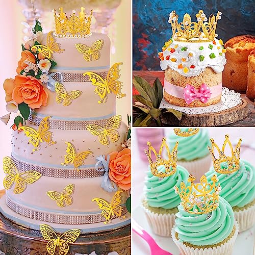 30 Pcs Gold Butterfly Cake Decoration with 6 Pcs Gold Crown Cake Topper, Mini Crowns Small Crown with 3D Butterfly Wall Decors for Coronas Para Flower Bouquets Decor for Flower Arrangements