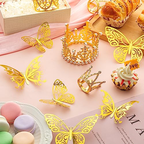 30 Pcs Gold Butterfly Cake Decoration with 6 Pcs Gold Crown Cake Topper, Mini Crowns Small Crown with 3D Butterfly Wall Decors for Coronas Para Flower Bouquets Decor for Flower Arrangements