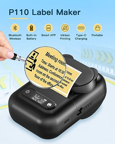 NELKO P110 Label Makers, Portable Bluetooth Thermal Label Printer, Label Maker Machine with Tape for Address, Home, Office, Organization, Compatible with Android & iOS System, with 1 Roll Label, Black