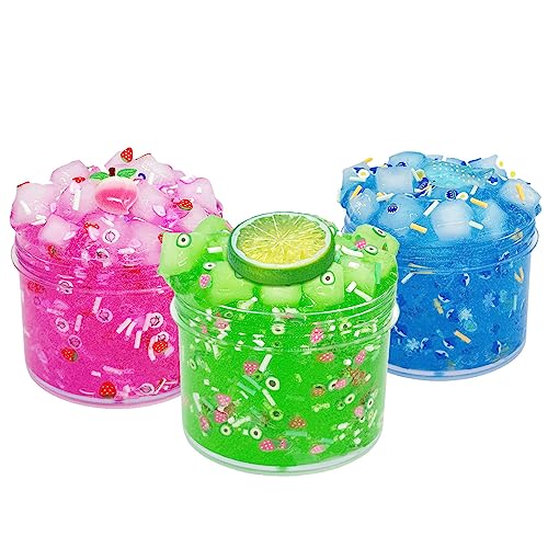 Jelly Cube Crunchy Slime 3 Pack, Clear Slime Kit Super Soft and Non-Sticky, Birthday Gift Slime Party Favors for Girls and Boys