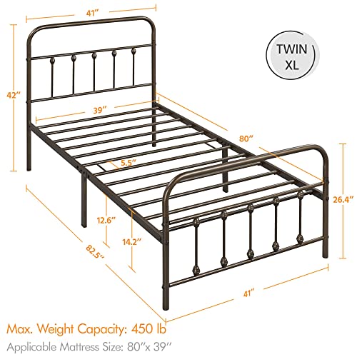 Topeakmart Twin XL Size Victorian Style Metal Bed Frame with Headboard/Mattress Foundation/No Box Spring Needed/Under Bed Storage/Strong Slat Support Bronze