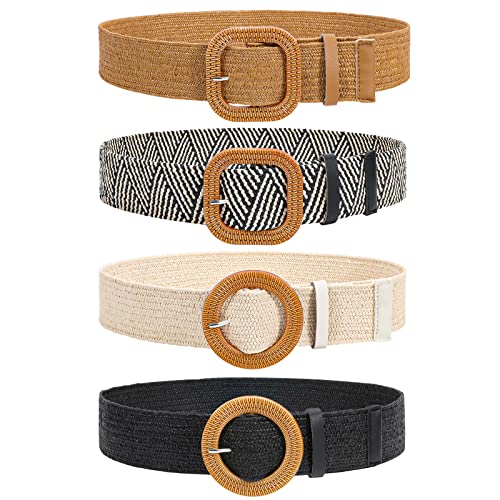 VONMELLI 4 Pack Straw Woven Elastic Stretch Waist Belt Fashion Boho Dress Braided Belts for Women M