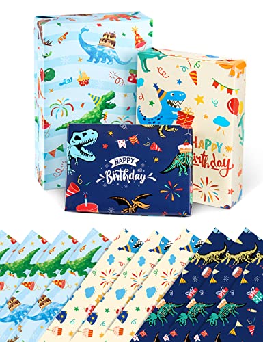 WERNNSAI Dinosaur Wrapping Paper - 10 Sheets Dinosaur Gift Wrapping Paper for Boys Girls 3 Styles Patterns Wrap Paper Rolls Happy Birthday Wrapping Paper Dino Party Favor Present (20’’ x 27’’/ Sheet)