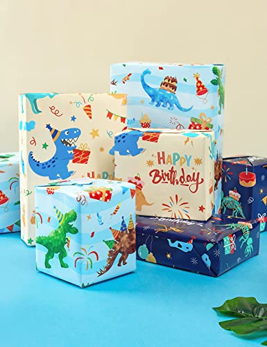 WERNNSAI Dinosaur Wrapping Paper - 10 Sheets Dinosaur Gift Wrapping Paper for Boys Girls 3 Styles Patterns Wrap Paper Rolls Happy Birthday Wrapping Paper Dino Party Favor Present (20’’ x 27’’/ Sheet)