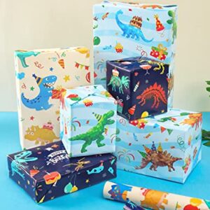 WERNNSAI Dinosaur Wrapping Paper - 10 Sheets Dinosaur Gift Wrapping Paper for Boys Girls 3 Styles Patterns Wrap Paper Rolls Happy Birthday Wrapping Paper Dino Party Favor Present (20’’ x 27’’/ Sheet)