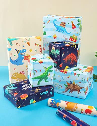 WERNNSAI Dinosaur Wrapping Paper - 10 Sheets Dinosaur Gift Wrapping Paper for Boys Girls 3 Styles Patterns Wrap Paper Rolls Happy Birthday Wrapping Paper Dino Party Favor Present (20’’ x 27’’/ Sheet)