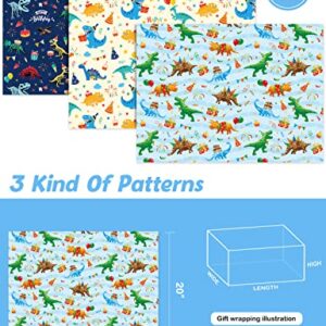 WERNNSAI Dinosaur Wrapping Paper - 10 Sheets Dinosaur Gift Wrapping Paper for Boys Girls 3 Styles Patterns Wrap Paper Rolls Happy Birthday Wrapping Paper Dino Party Favor Present (20’’ x 27’’/ Sheet)