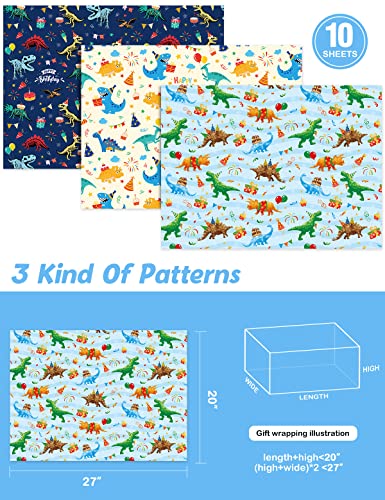 WERNNSAI Dinosaur Wrapping Paper - 10 Sheets Dinosaur Gift Wrapping Paper for Boys Girls 3 Styles Patterns Wrap Paper Rolls Happy Birthday Wrapping Paper Dino Party Favor Present (20’’ x 27’’/ Sheet)