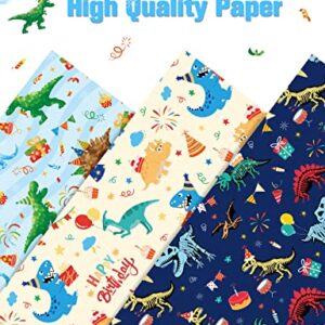 WERNNSAI Dinosaur Wrapping Paper - 10 Sheets Dinosaur Gift Wrapping Paper for Boys Girls 3 Styles Patterns Wrap Paper Rolls Happy Birthday Wrapping Paper Dino Party Favor Present (20’’ x 27’’/ Sheet)