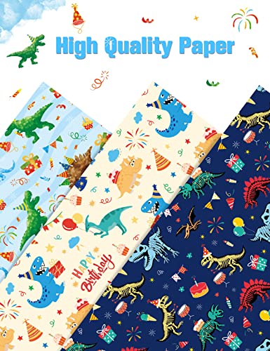 WERNNSAI Dinosaur Wrapping Paper - 10 Sheets Dinosaur Gift Wrapping Paper for Boys Girls 3 Styles Patterns Wrap Paper Rolls Happy Birthday Wrapping Paper Dino Party Favor Present (20’’ x 27’’/ Sheet)