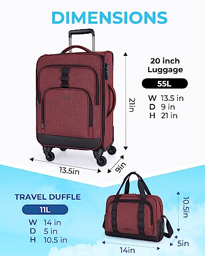 2 Piece Luggage Sets, BAGSMART Expandable 20 inch Carry on Luggage Airline Approved, Lightweight Carry on Suitcase with Spinner Wheels, Family Travel Suitcase Set with Duffle Bag - Red