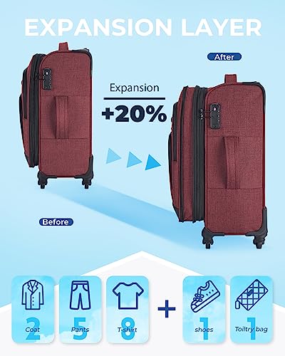 2 Piece Luggage Sets, BAGSMART Expandable 20 inch Carry on Luggage Airline Approved, Lightweight Carry on Suitcase with Spinner Wheels, Family Travel Suitcase Set with Duffle Bag - Red