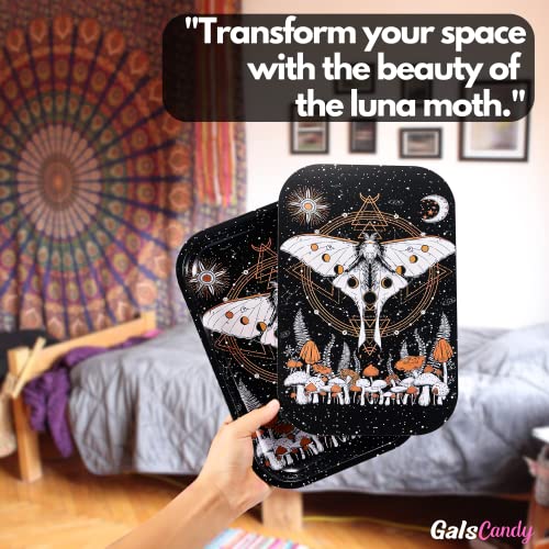 Luna Moth Rolling Tray with Magnetic Lid - Halloween Gothic Decor, 11''x7'' Whimsical Mushroom Decorative Tray - Large Storage Butterfly Metal Tray Witchy Hippie Aesthetic - Mystical Dark Academia