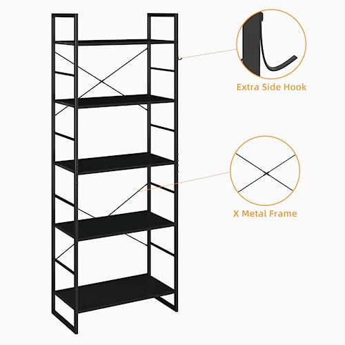 SAILUN 5 Tier Bookshelf, Free Standing Bookcase, Book Shelf with Metal Frame, Storage Rack Shelves Organizer for Bedroom, Living Room, Dark Black