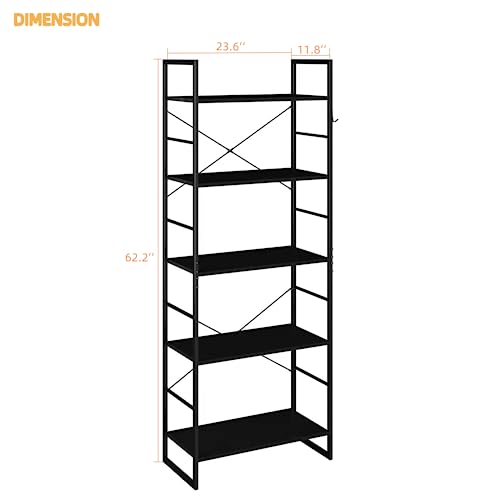 SAILUN 5 Tier Bookshelf, Free Standing Bookcase, Book Shelf with Metal Frame, Storage Rack Shelves Organizer for Bedroom, Living Room, Dark Black