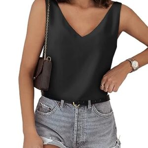 Dokotoo Black Tank Top Women 2023 V Neck Satin Long Flowy Womens Tank Tops Loose Fit Silk Dressy Camisole Black Medium